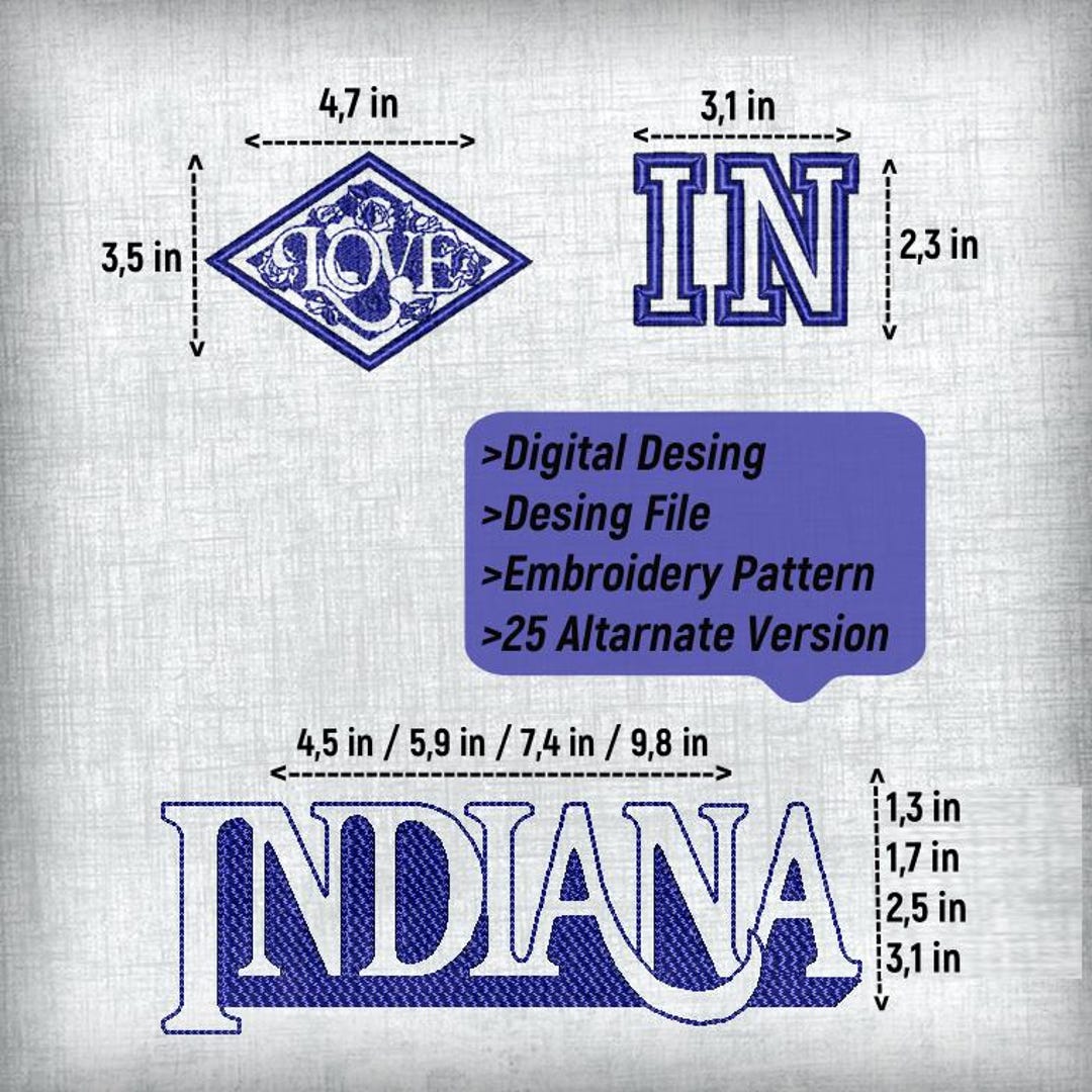 INDIANA , Embroidery Pattern Design File, 3 Patterns and 4 Sizes, 25 ...