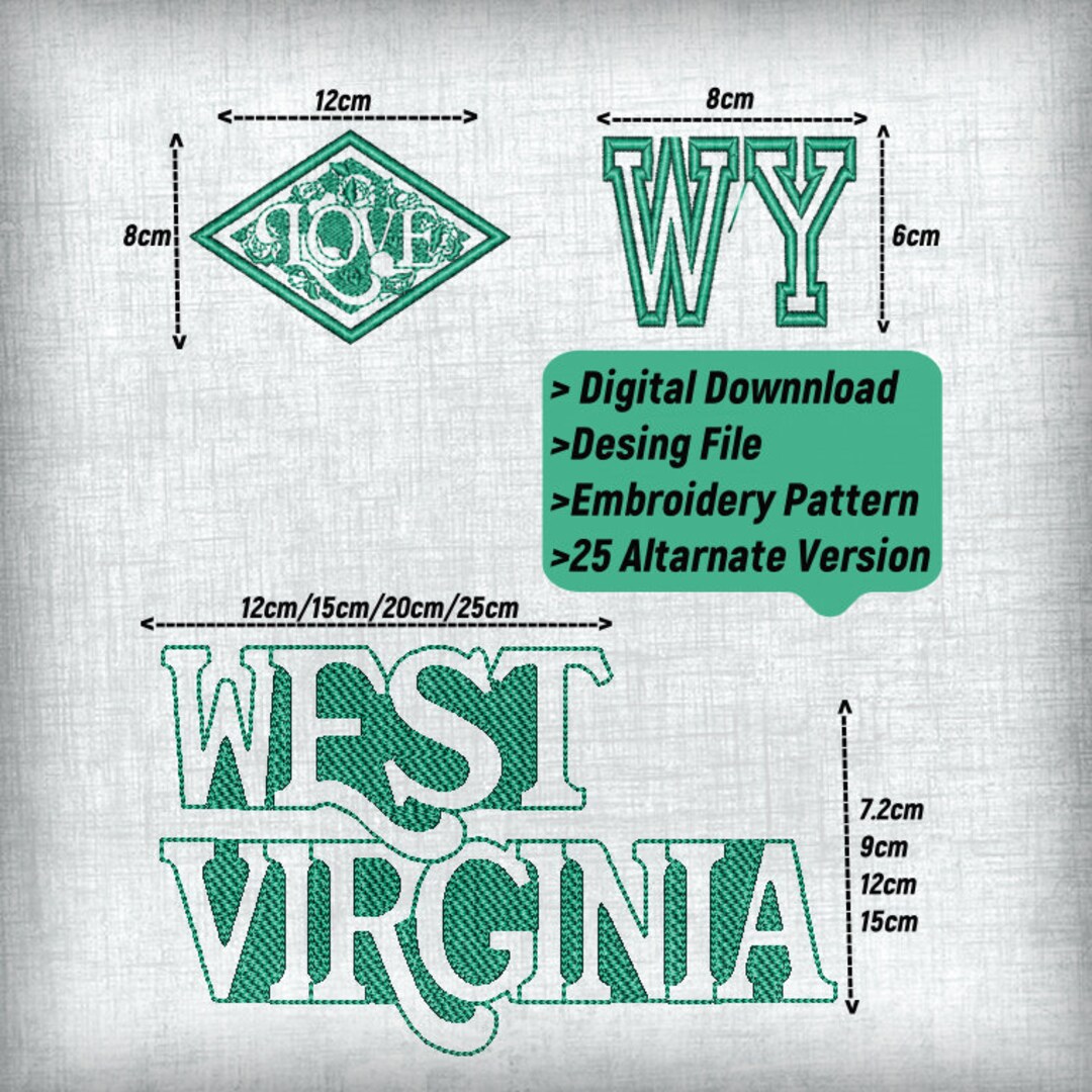 WEST VIRGINIA , Embroidery Pattern Design File, 3 Patterns and 4 Sizes ...
