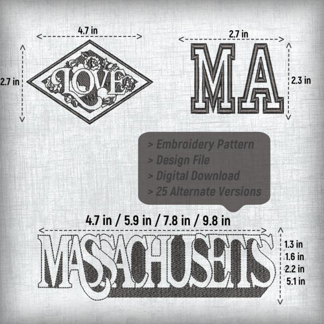 Massachusetts Embroidery Pattern Design File Set - 3 Patterns, 4 Sizes ...