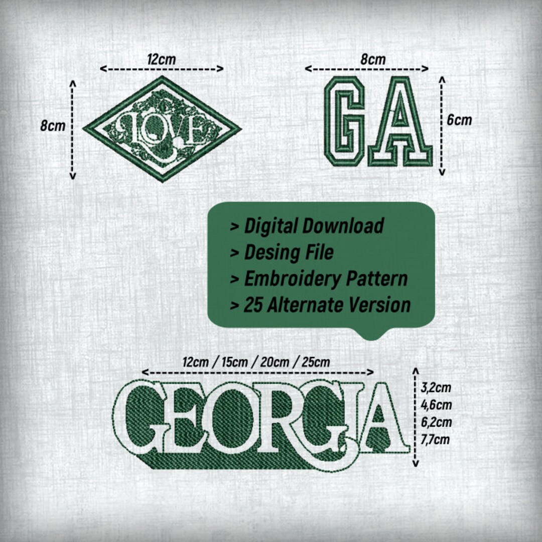 GEORGİA , Embroidery Pattern Design File, 3 Patterns and 4 Sizes, 25 ...