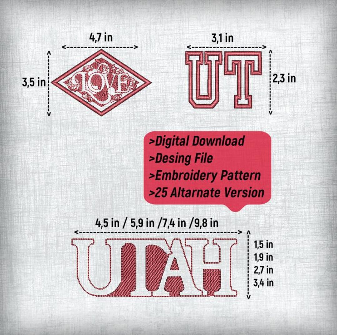 UTAH, Embroidery Pattern Design File, 3 Patterns and 4 Sizes, 25 ...