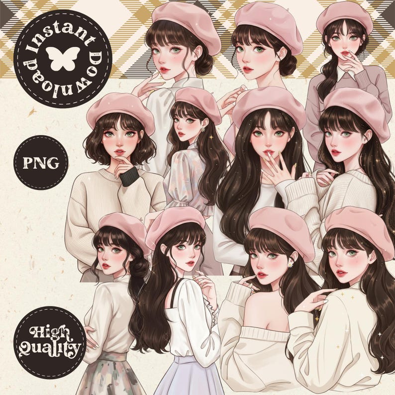 Pink Beret Girls Clipart | Vintage, Manga Style | Journaling (PNG ...