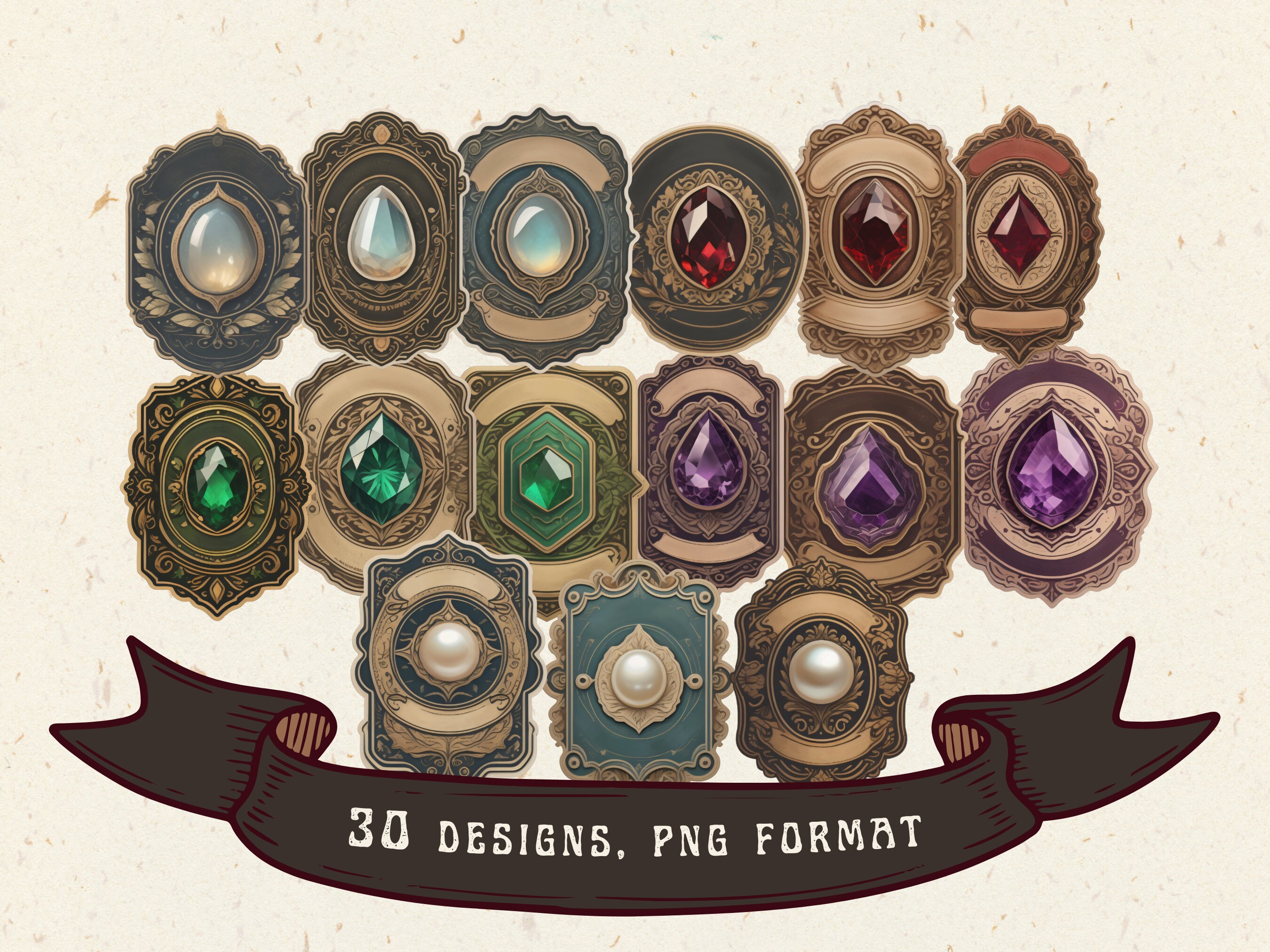 30 Gemstone Label PNG Clipart Bundle Clipart Prinrable Vintage Retro ...