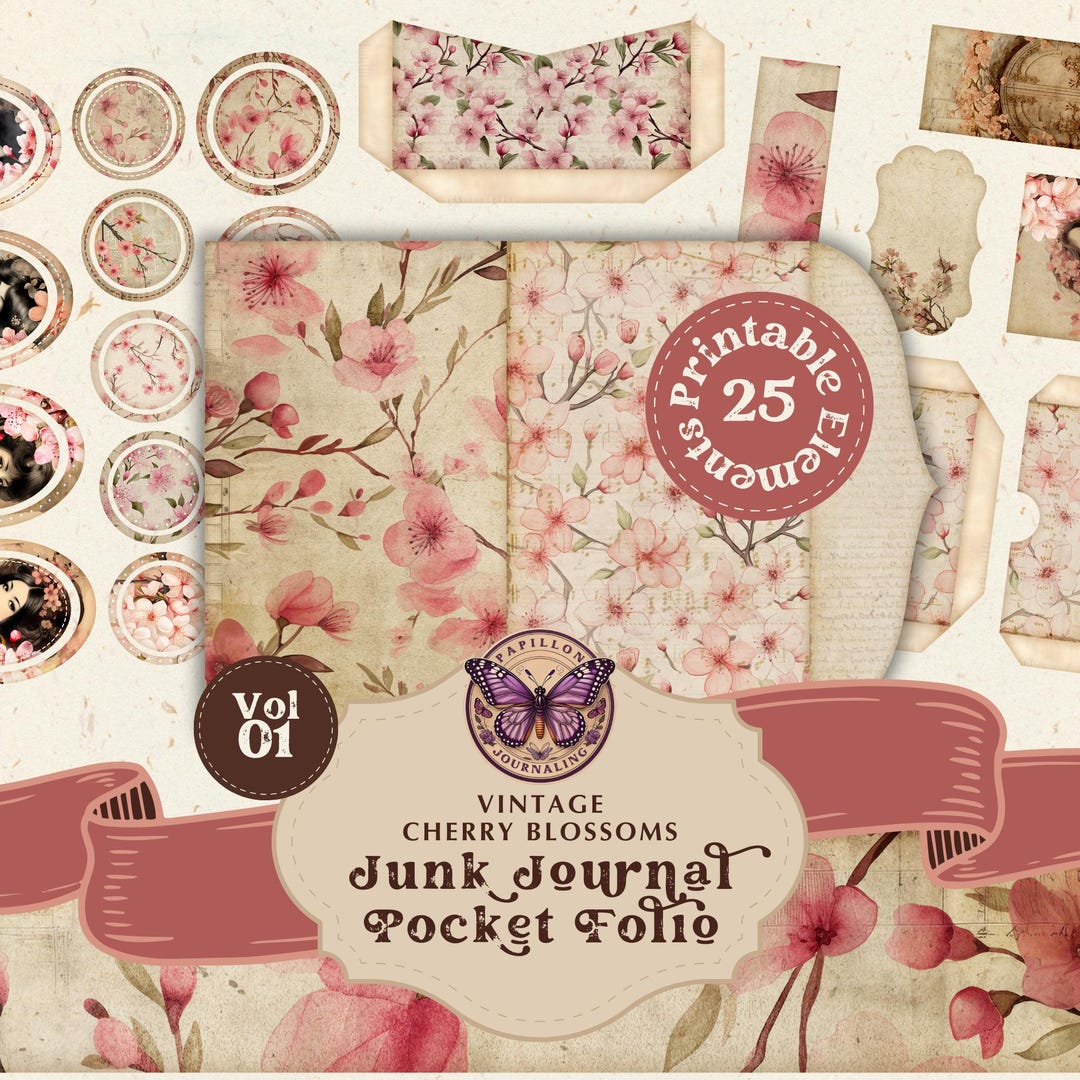 25 Folio Vintage Cherry Blossom #3 | Junk Journal Kit Embellishment ...
