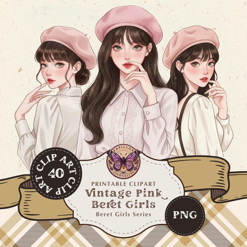 Pink Beret Girls Clipart | Vintage, Manga Style | Journaling (PNG ...