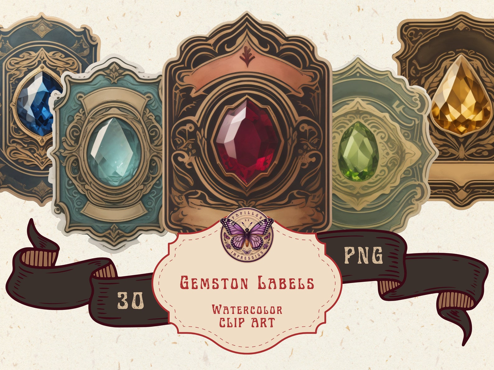 30 Gemstone Label PNG Clipart Bundle Clipart Prinrable Vintage Retro ...