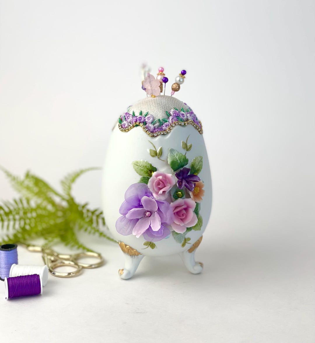 Easter Egg Pin Cushion, Upcycled Lefton Porcelain Egg, Handmade Sewing ...
