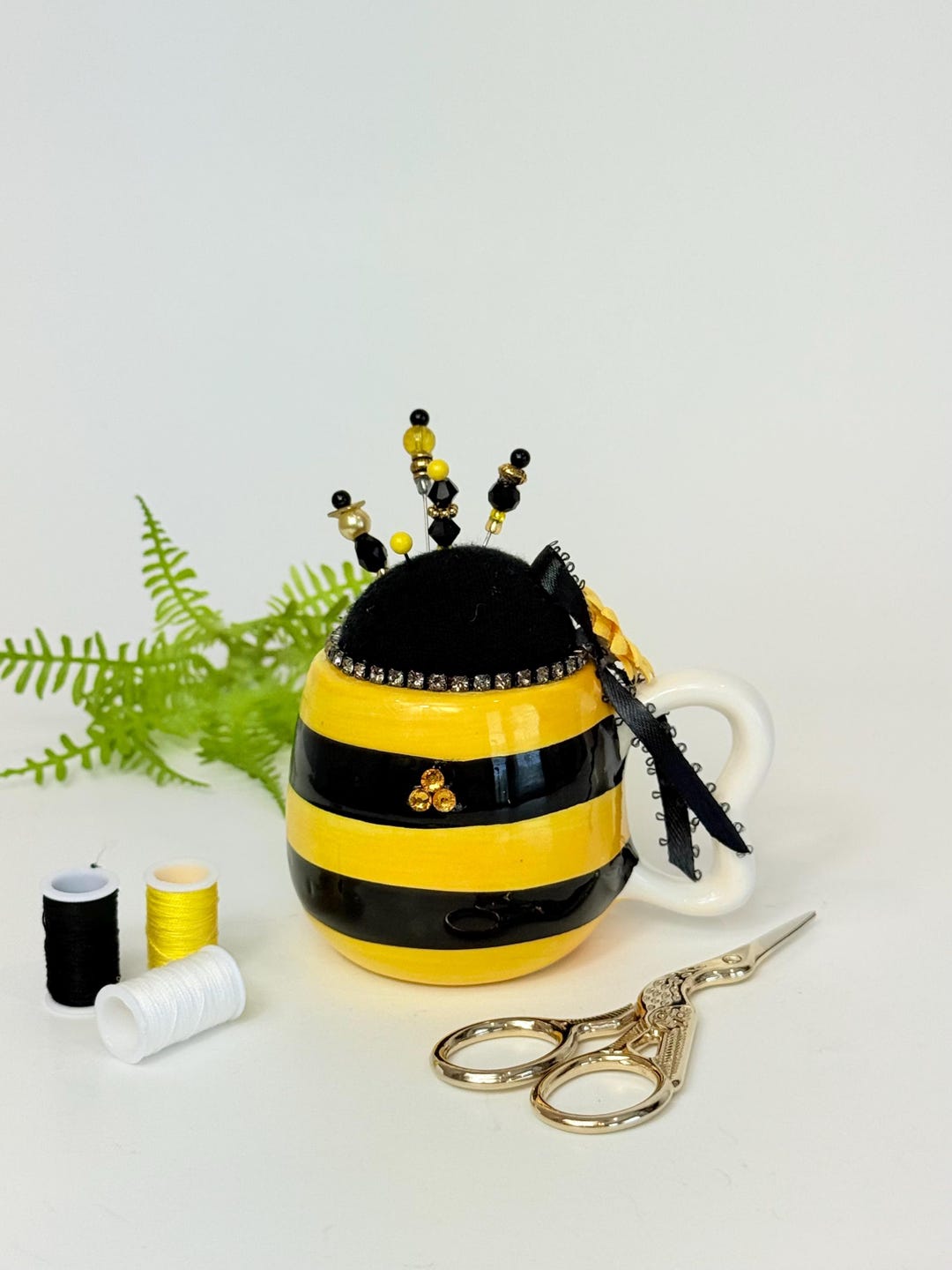 Handmade Bee Pincushion: Upcycled Mug With Beaded Pins & Preciosa ...