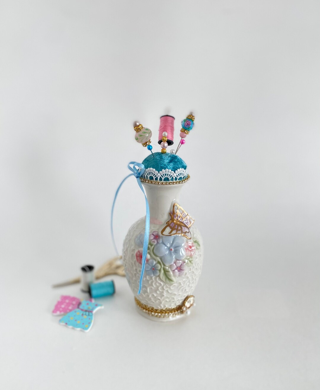 Upcycled Ceramic Floral Vase Pin Cushion, Handmade Sewing Room Decor ...