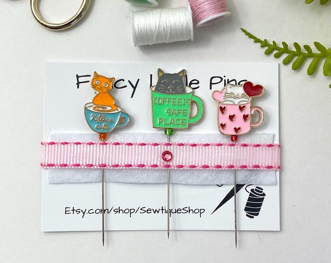 Cat in Teacup Enamel Pin Set: Sewing Quilting Pins, Cat Lover Gift - Etsy