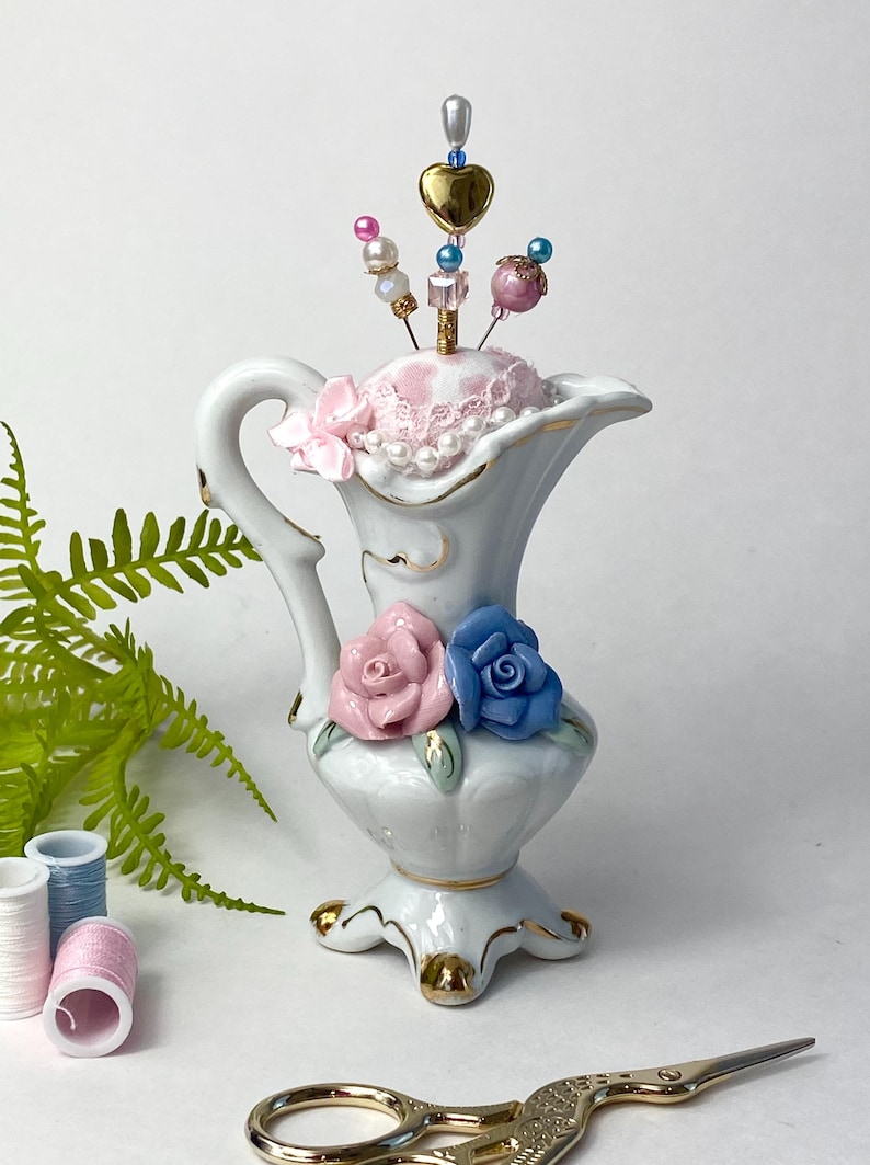 Vintage Upcycled Pincushion in Porcelain Pitcher – Shabby Chic Sewing ...