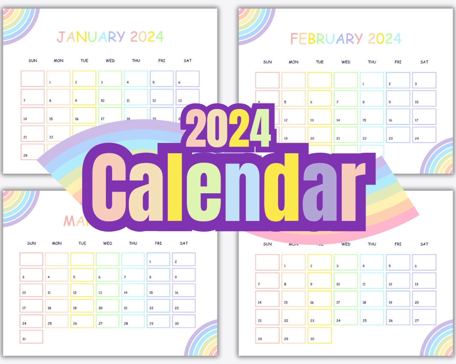 Printable Rainbow Calendar 2024, Cute Printable Calendar, Rainbow ...