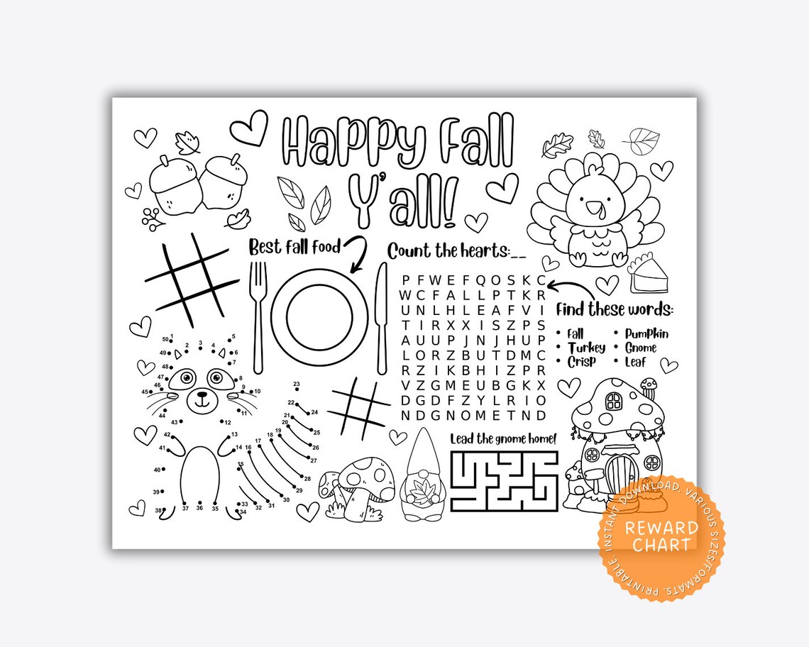 Fall Activity Placemat, Autumn Coloring Placemat, Printable Pumpkin ...