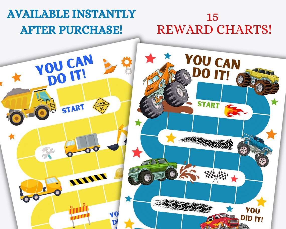 Vehicle Reward Chart Bundle, Monster Truck, Firetruck, Rocket, Dump ...