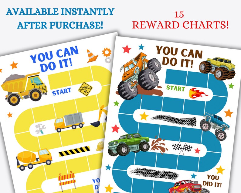 Vehicle Reward Chart Bundle, Monster Truck, Firetruck, Rocket, Dump ...