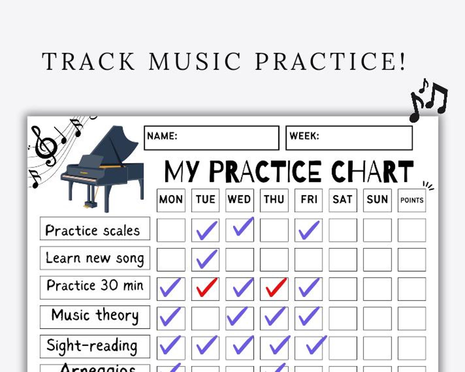 Printable Piano Practice Reward Chart, Piano Practice Chart, Reward ...