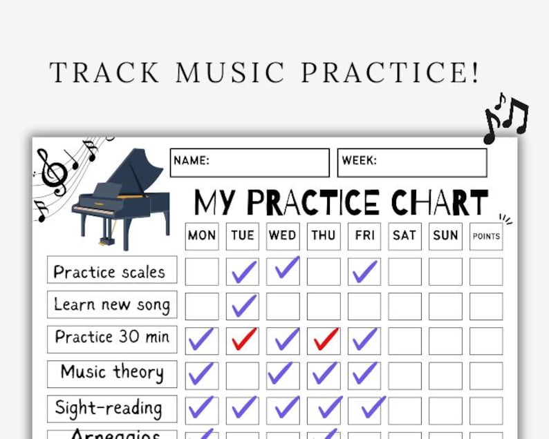 Printable Piano Practice Reward Chart, Piano Practice Chart, Reward ...