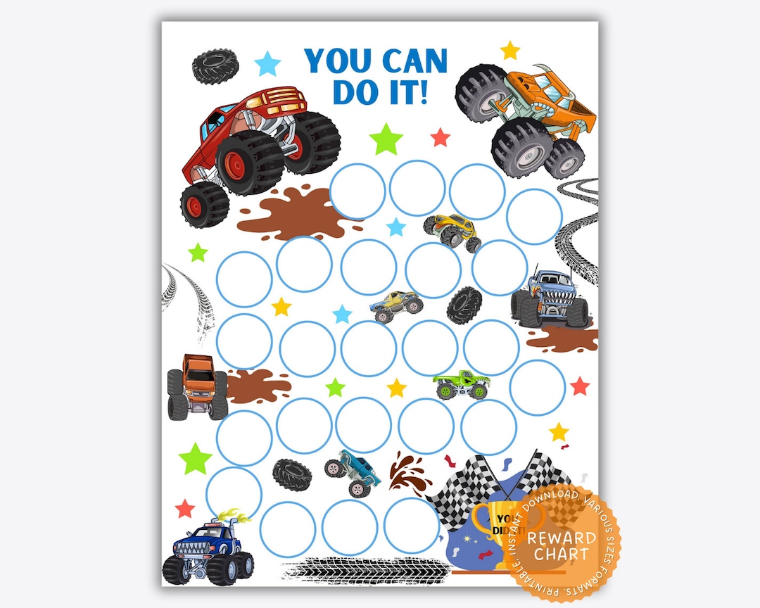 Printable Monster Truck Reward Chart, Big Cars Kids Behavior Chart ...