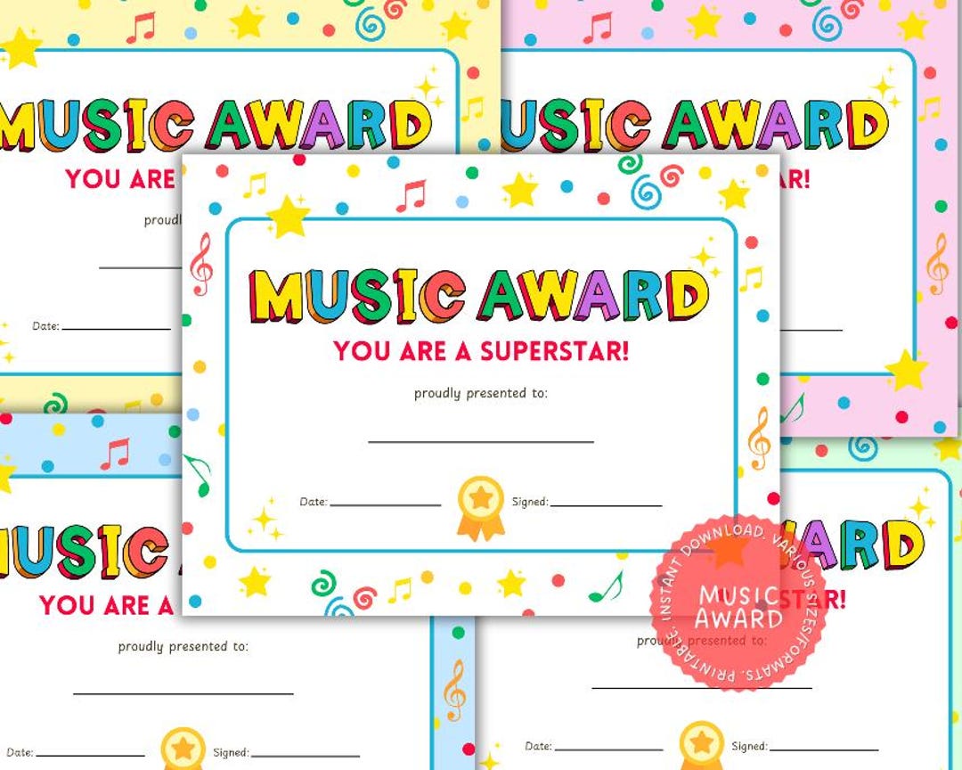Music Award for Kids, Music Recognition Certificate Printable, Kids ...