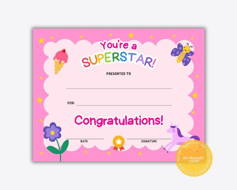 Printable Pink Certificate, Girls Award Certificate, Preschool ...