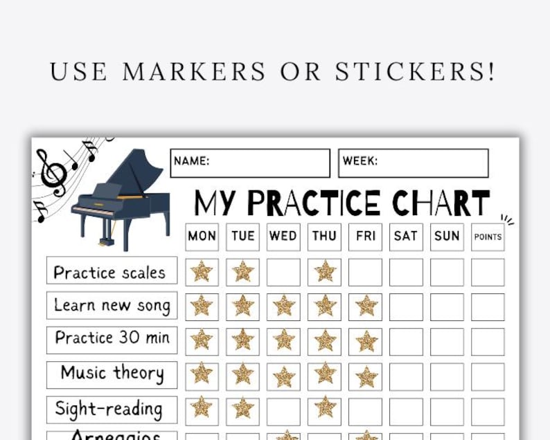 Printable Piano Practice Reward Chart, Piano Practice Chart, Reward ...