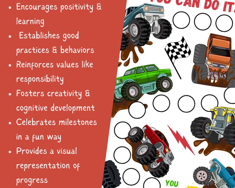 Printable Monster Truck Reward Chart, Big Cars Kids Behavior Chart ...