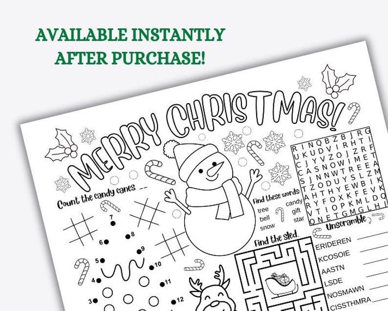 Kids Christmas Activity Placemat: Holiday Coloring Sheet (PDF) - Etsy