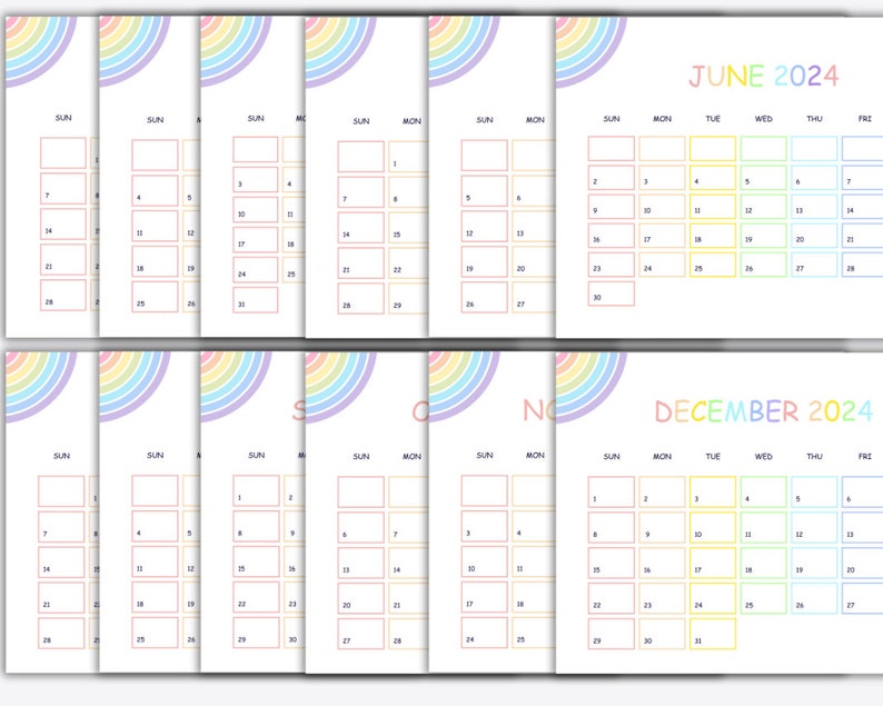 Printable Rainbow Calendar 2024, Cute Printable Calendar, Rainbow ...