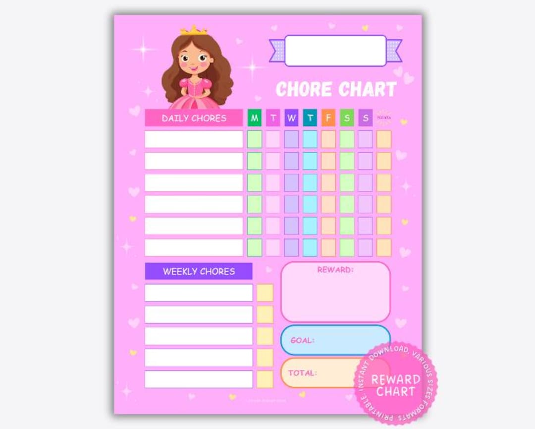Princess Chore Chart, Kids Reward Chart, Behavior Tracker, Preschool ...