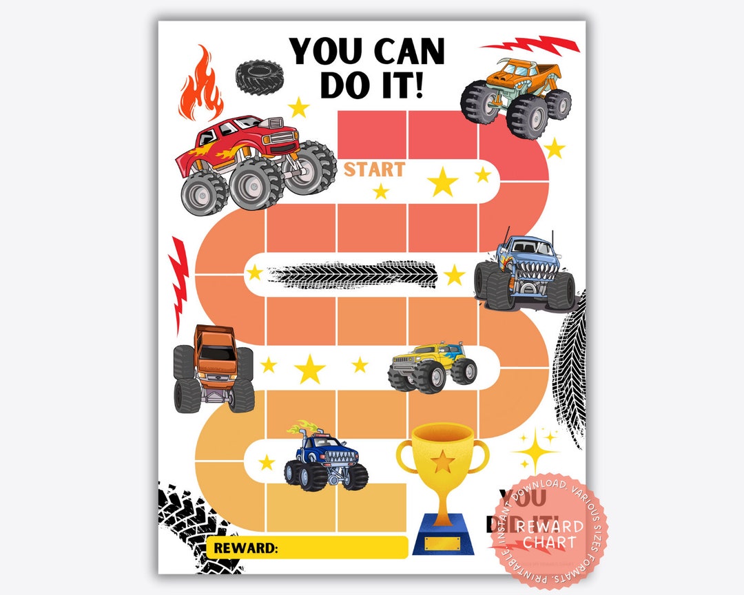 Printable Monster Truck Reward Chart, Big Cars Kids Behavior Chart ...