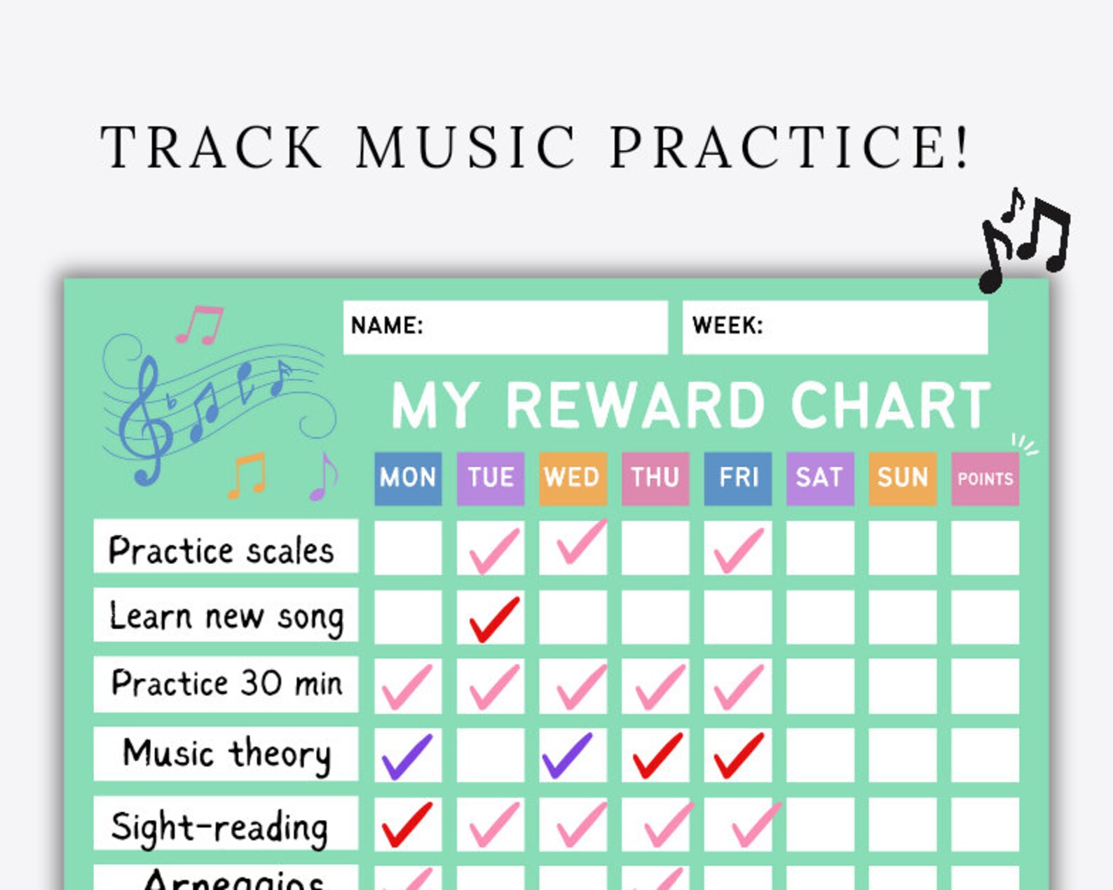 Printable Music Reward Charts, Music Practice Chart, Kids Reward Chart ...
