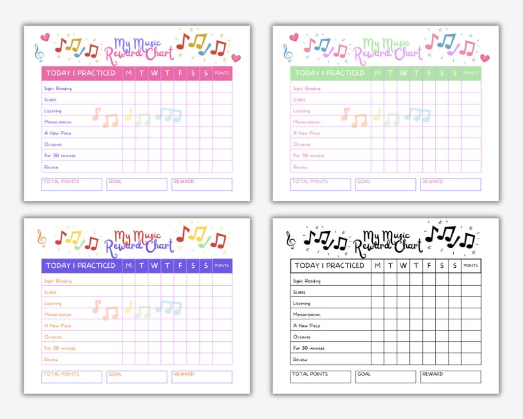 Printable Music Practice Reward Chart for Kids - Piano, Violin, Guitar ...
