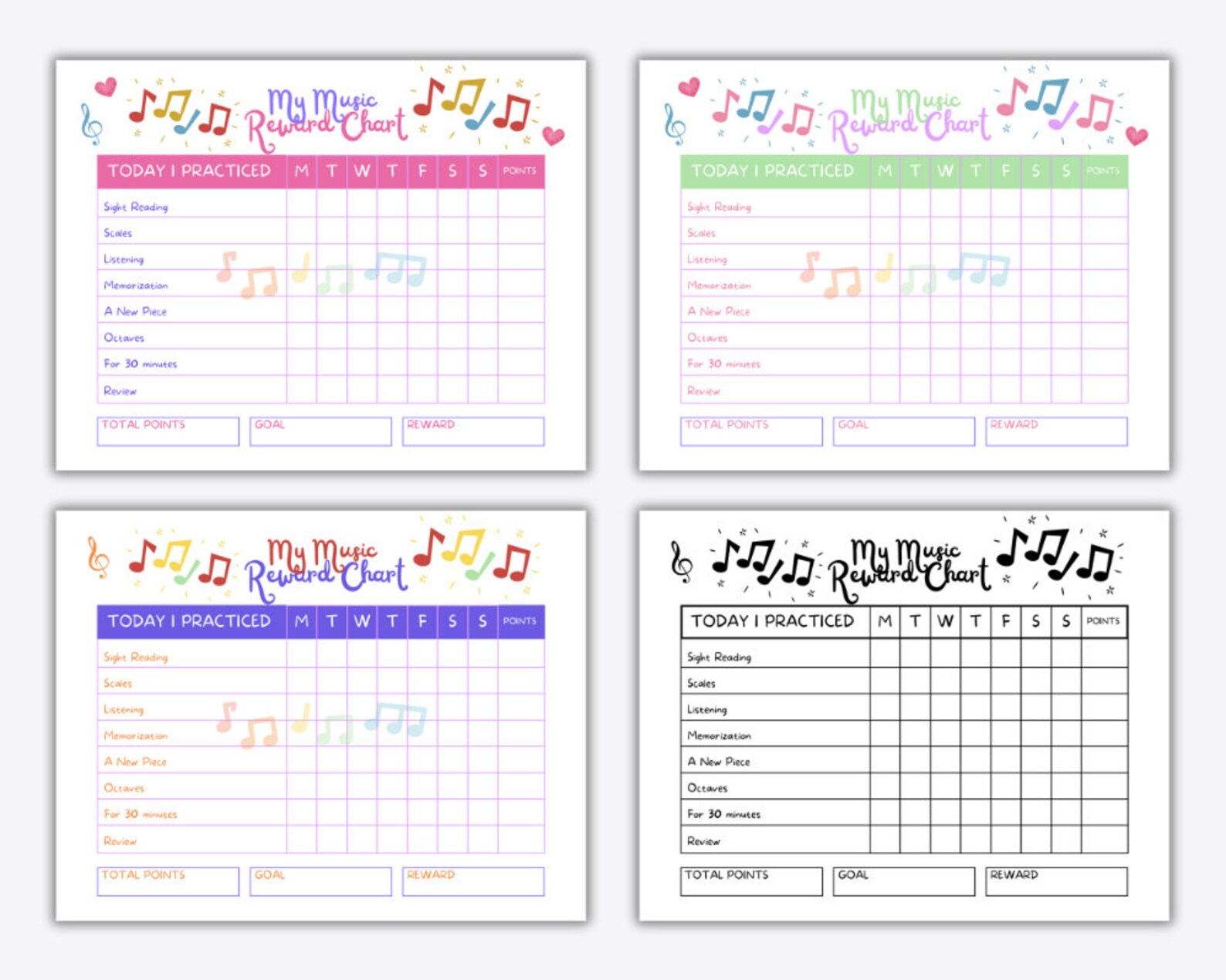Printable Music Practice Reward Chart for Kids - Piano, Violin, Guitar ...