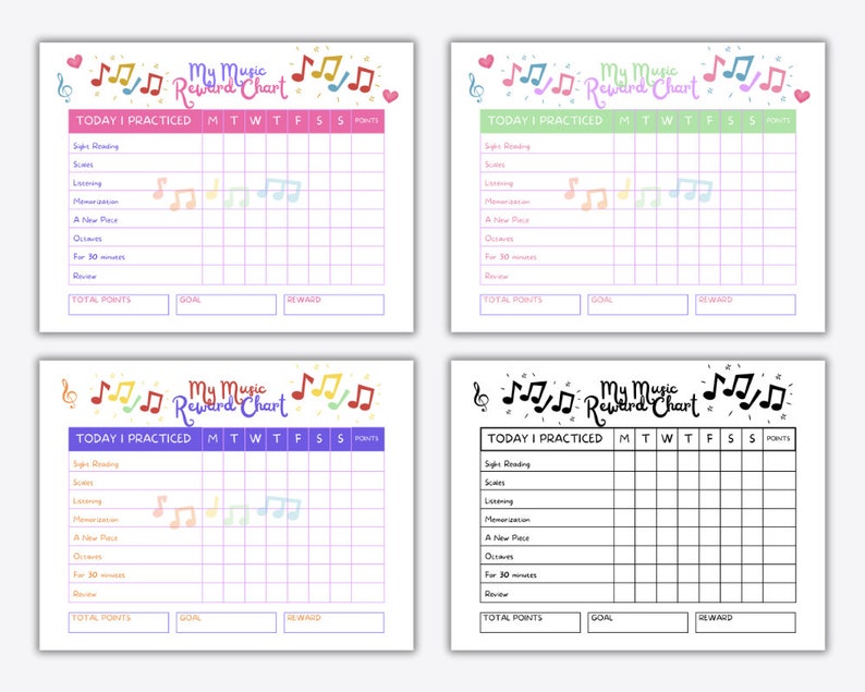 Printable Music Practice Reward Chart for Kids - Piano, Violin, Guitar ...