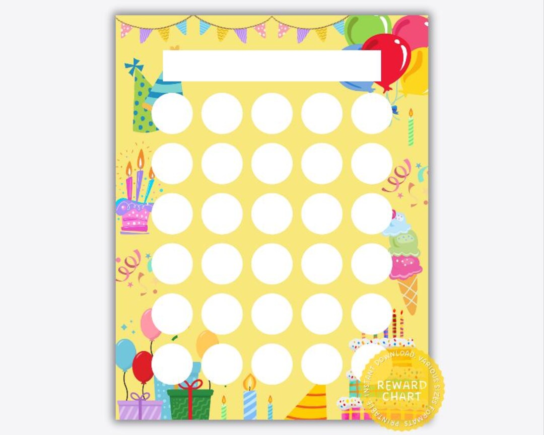 Birthday Themed Reward Sticker Chart for Kids, 30 Sticker Spaces ...