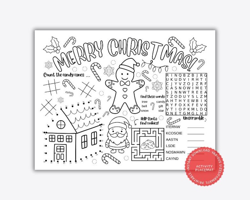 Kids Christmas Activity Placemat: Gingerbread Man Coloring (PDF) - Etsy
