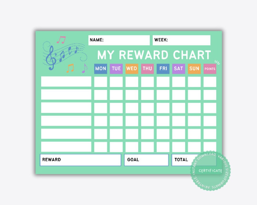Printable Music Reward Chart, Music Practice Chart, Kids Reward Chart ...
