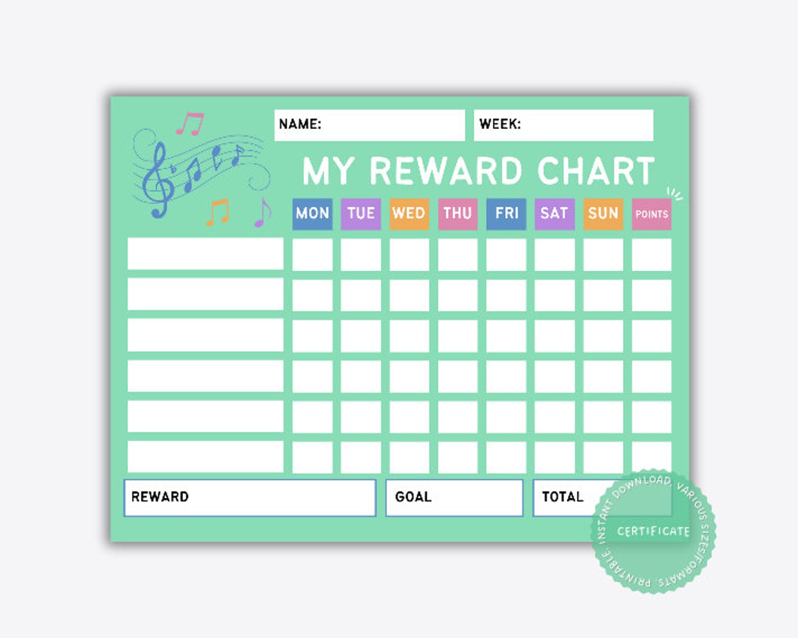 Printable Music Reward Chart, Music Practice Chart, Kids Reward Chart ...