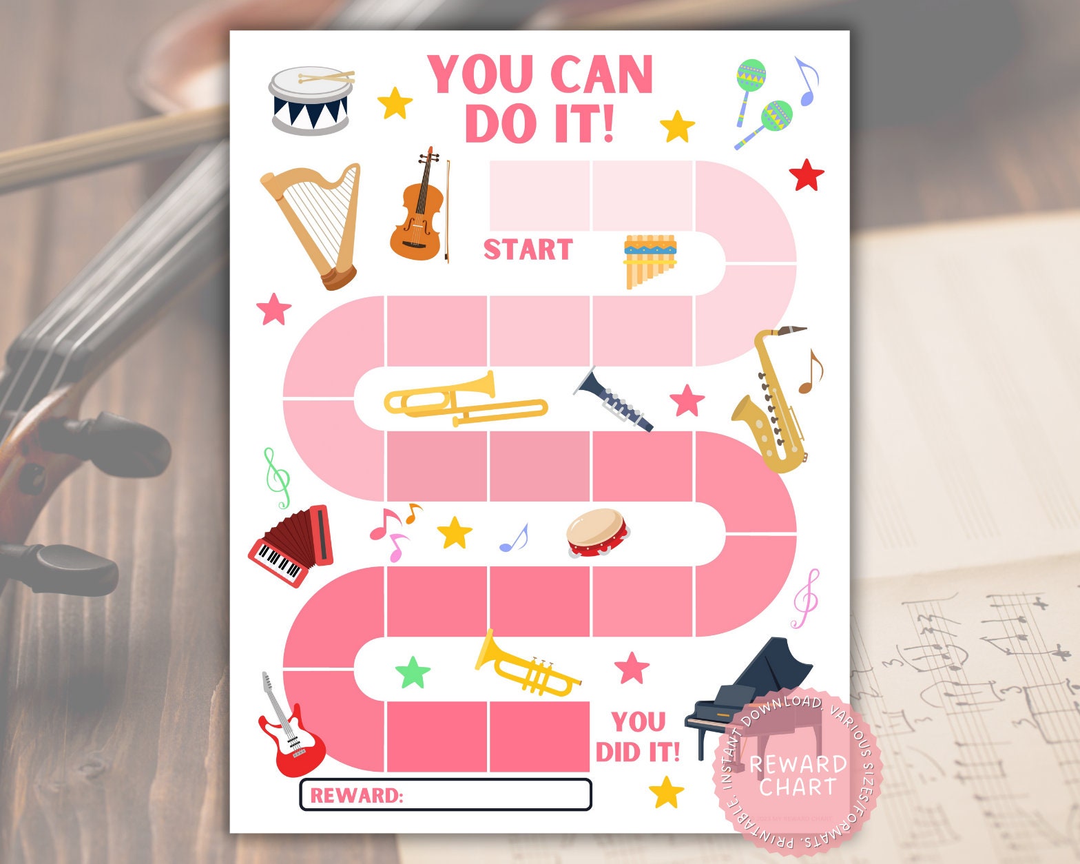 Printable Music Practice Chart, Kids Reward Chart, Instrument Reward ...