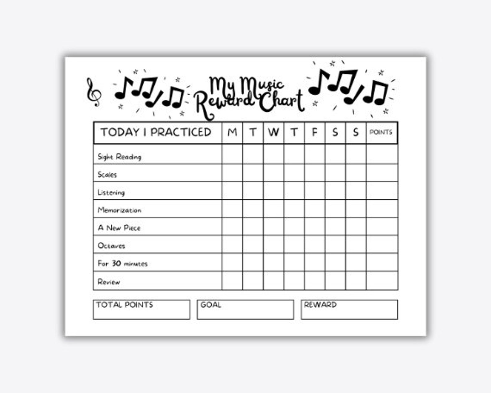 Printable Music Practice Reward Chart for Kids - Piano, Violin, Guitar ...