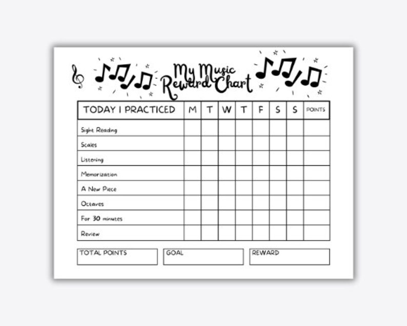 Printable Music Practice Reward Chart for Kids - Piano, Violin, Guitar ...