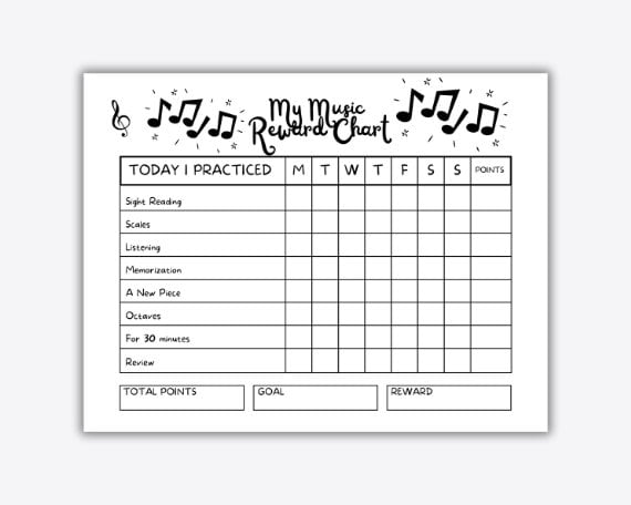 Printable Music Practice Reward Chart for Kids - Piano, Violin, Guitar ...