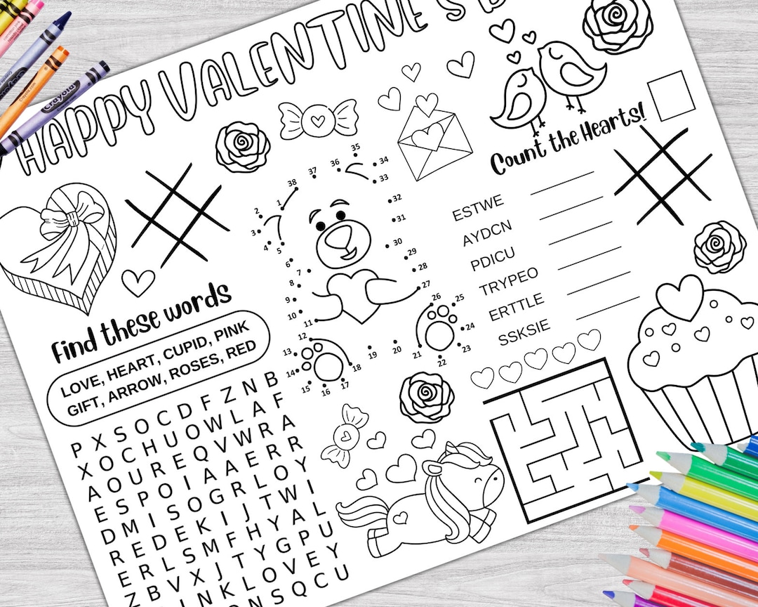 Valentine Activity Placemat: Coloring, Word Search, Puzzles (PDF) - Etsy
