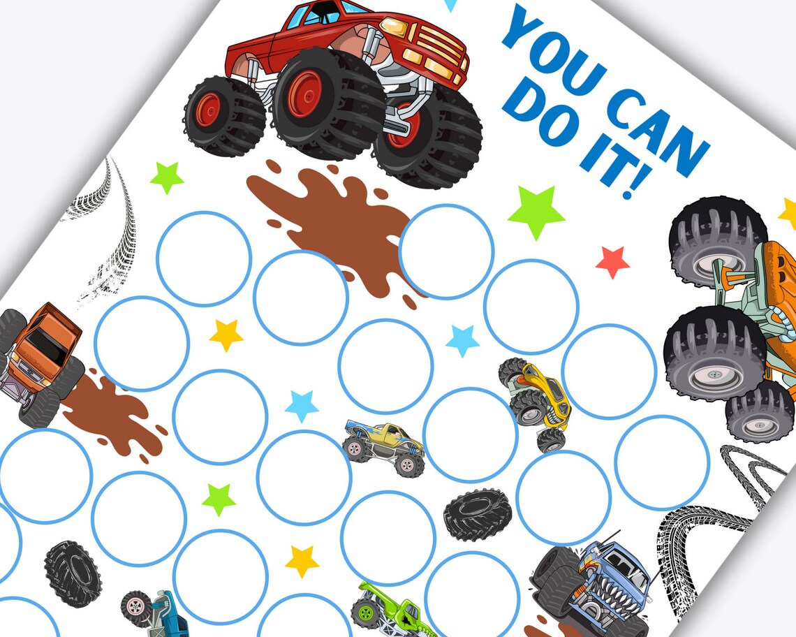 Printable Monster Truck Reward Chart, Big Cars Kids Behavior Chart ...