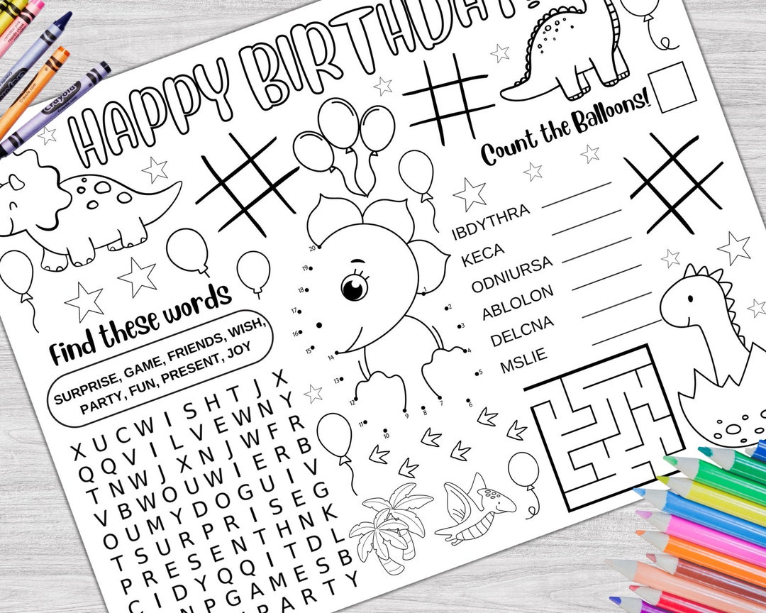 Birthday Activity Placemat, Birthday Coloring Placemat, Printable ...