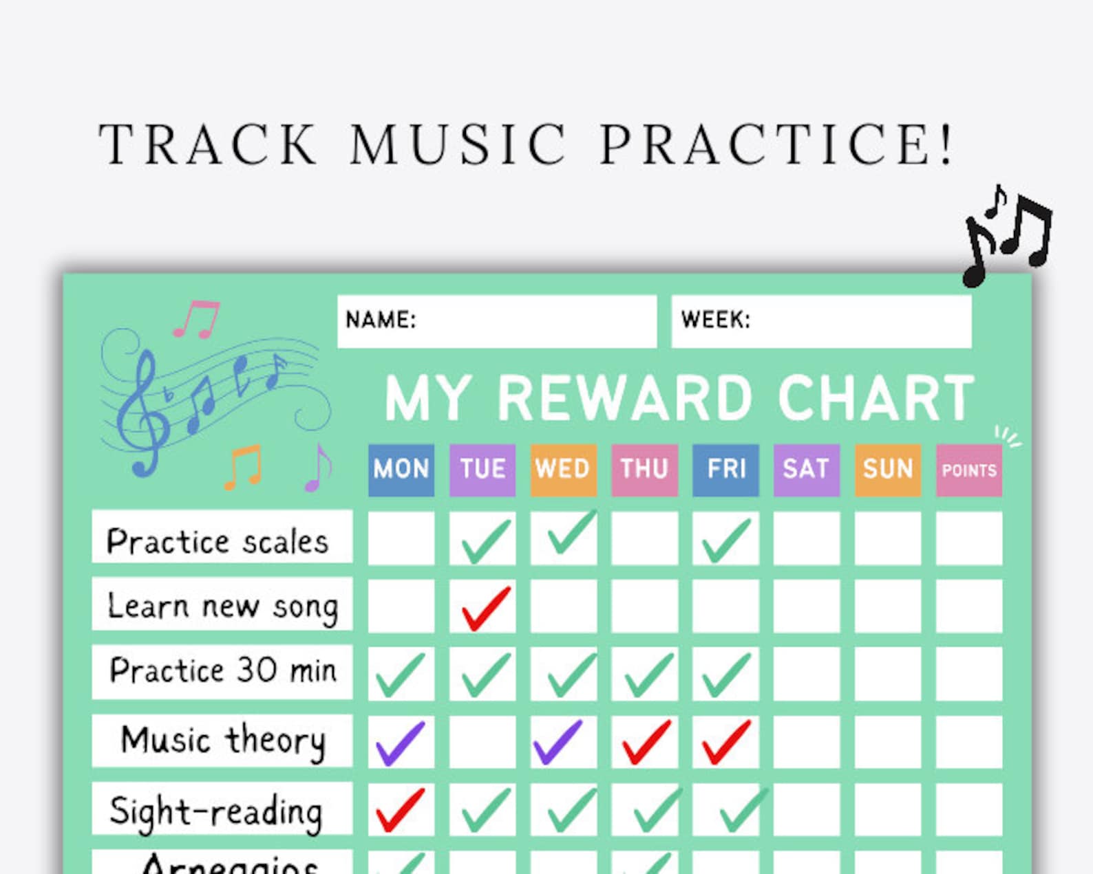 Printable Music Reward Chart, Music Practice Chart, Kids Reward Chart ...