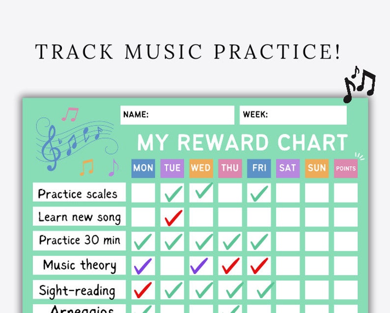 Printable Music Practice Reward Chart for Kids (digital Download) - Etsy