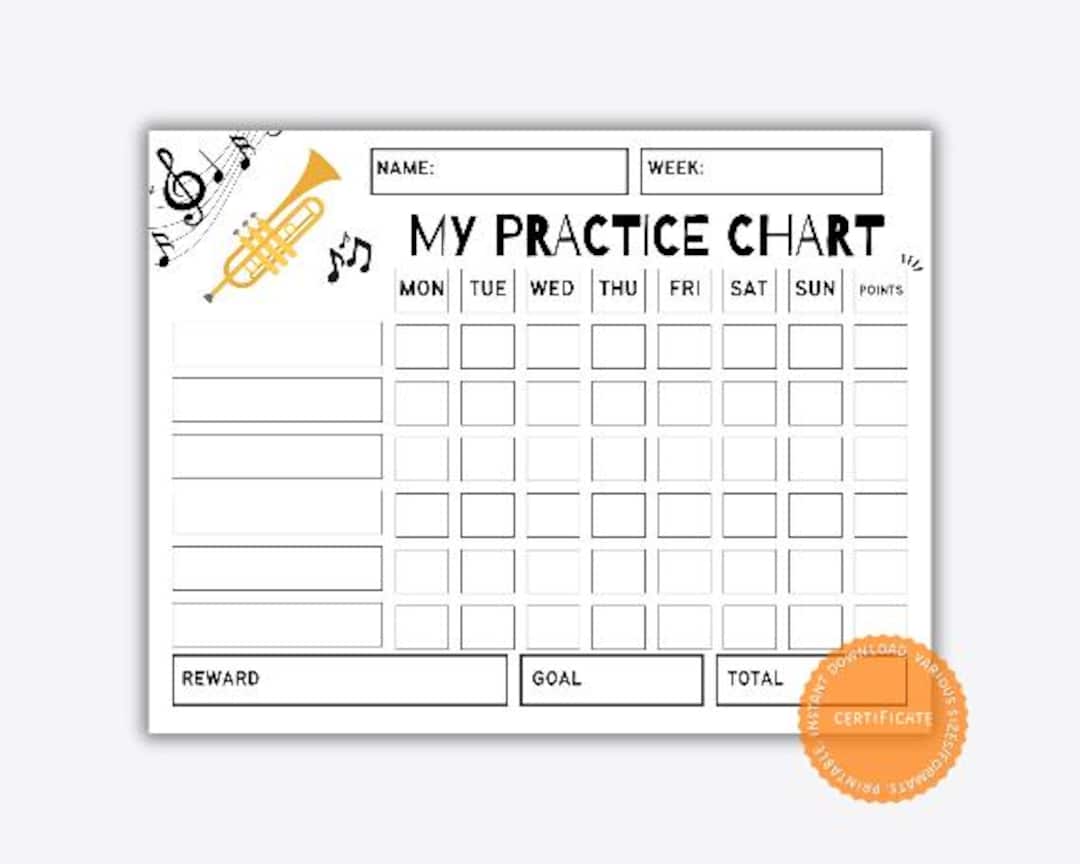 Printable Trumpet Practice Reward Chart, Trumpet Practice Chart, Reward ...