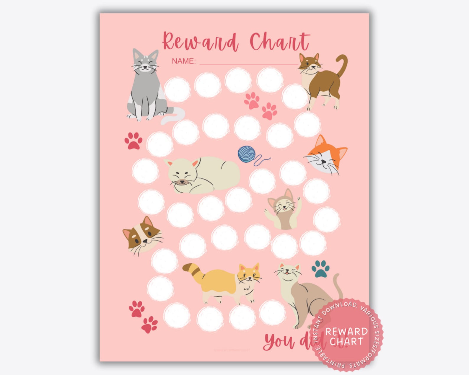 Cat Reward Chart, Printable Reward Chart, Printable Potty Chart for ...