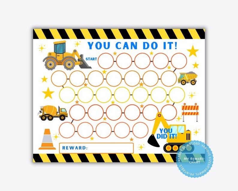 Printable Truck Reward Chart, Excavator Sticker Chart for Boys ...